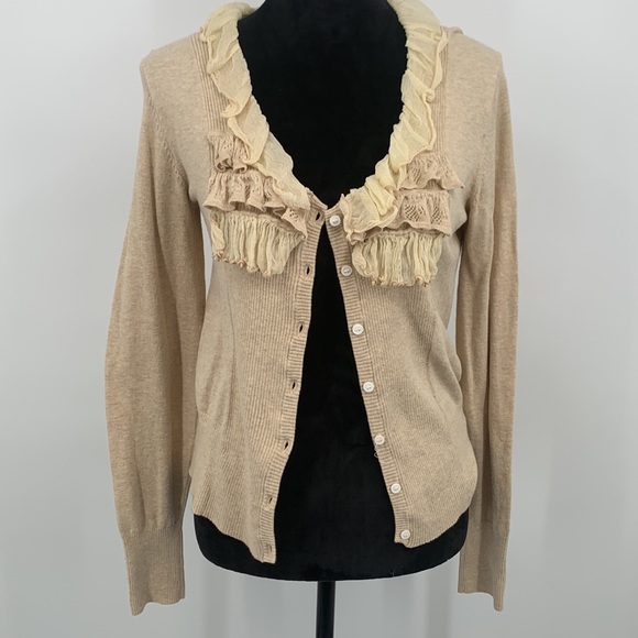 Minnie Rose | Sweaters | Minnie Rose Sweater Cardigan Tan With Ruffles ...